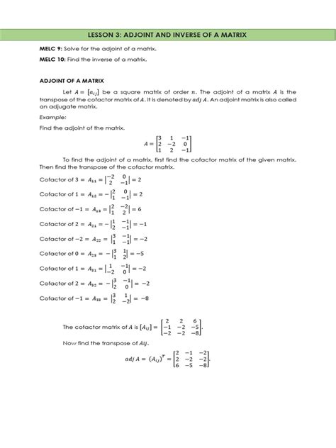 Lesson 3 Adjoint And Inverse Of A Matrix Pdf Algebra