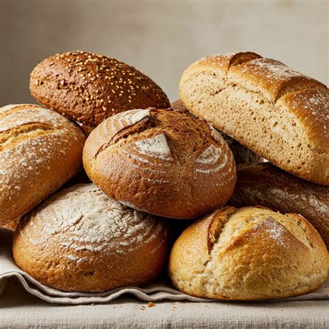 Assorted Artisanal Breads Are Displayed On A Beige Cloth The Selection