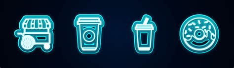 세트 라인 빠른 길거리 음식 카트 커피 컵 물과 도넛이 있는 유리 빛나는 네온 아이콘입니다 벡터 거리에 대한 스톡 벡터 아트 및 기타 이미지 Istock