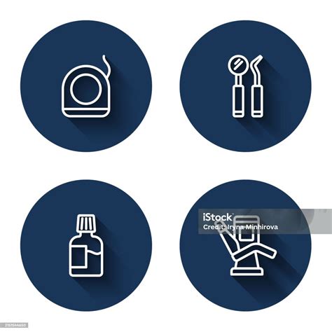 세트 라인 치실 거울 및 프로브 구강 세정제 및 긴 그림자가 있는 의료용 치과 의자 파란색 원 버튼 벡터 건강 진단에 대한 스톡