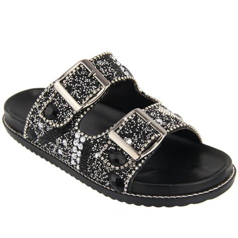 Sandalia Papete Feminina Birken Strass Pedraria Cristal Brilho Preta