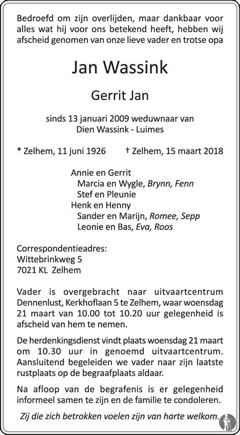 Gerrit Jan Jan Wassink 15 03 2018 Overlijdensbericht En Condoleances