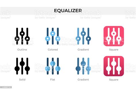 다른 스타일의 이퀄라이저 아이콘 이퀄라이저 벡터 아이콘은 윤곽선 솔리드 컬러 그라디언트 및 플랫 스타일로 설계되었습니다 기호 아이콘 그림 벡터 일러스트 레이 션 0명에 대한