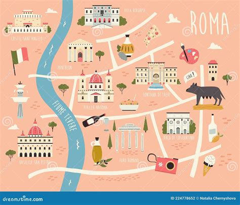 Illustrated Map Of Rome With Famous Symbols Landmarks Buildings