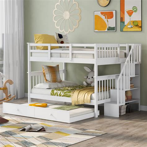 Stairway Full Over Full Bunk Bed With Twin Size Trundle Wood Bunk Bed
