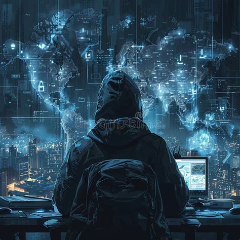 Hacker In A Black Hoodie Sitting At A Table With A Laptop On A Dark Background Cultivating An