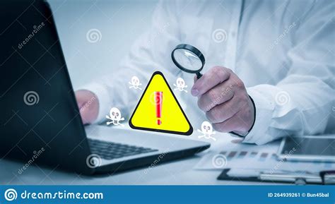 Businessman Hand Holding Magnifying Glass Explore Laptop System Warning Hacked Alertsign