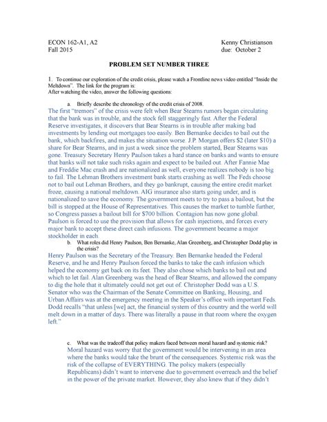 Macro Problem Set 3 ECON 162 A1 A2 Kenny Christianson Fall 2015 Due October 2 PROBLEM SET