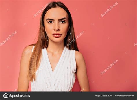 Close Portrait Attractive Pretty Woman Long Hair Wearing White Shirt