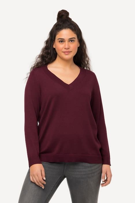 Casual V Neck Long Sleeve Sweater Dark Berry Ulla Popken
