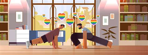 남자 연인 수행 물리적 운동 게이 사랑 퍼레이드 트랜스 젠더 Lgbt 개념 거실 내부 수평 동성애자에 대한 스톡 벡터 아트 및