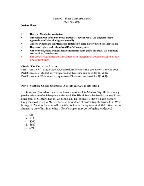Final Exam With Answers Introduction To Microeconomics Econ 001