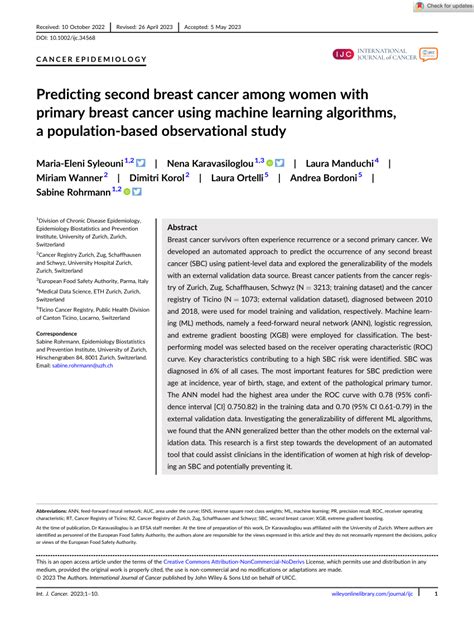Pdf Predicting Second Breast Cancer Among Women With Primary Breast