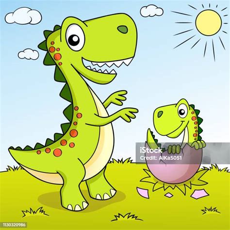 Lucu Kartun Dinosaurus Dan Sarangnya Dengan Dino Kecil Ilustrasi Stok