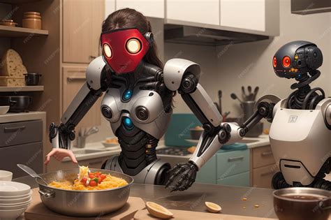 Premium Ai Image Clumsy Chef Robot Attempting To Serve Breakfast But