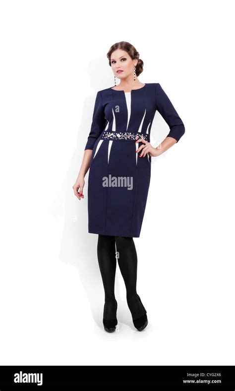 Beautiful Woman In Black Business Dress Standing Next To White