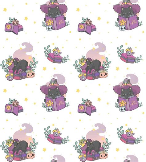 Pattern Seamless Background Halloween Cute Black Cat Witch With Magic
