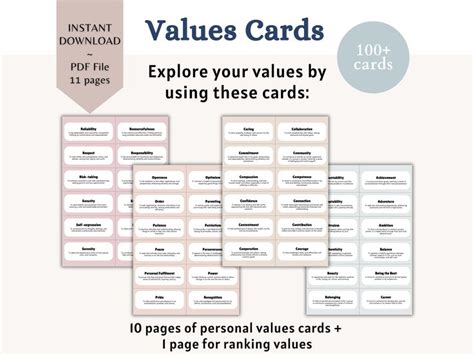 Personal Values Card Exercise For Values Exploration Cards Printable Core Values Identification