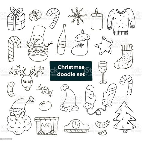 플랫 스타일의 크리스마스 낙서 세트 윤곽선이 있는 손으로 그린 벡터 일러스트레이션 붉은 크리스마스 축제 선물 상자 축하 스티커 플래너 스크랩 요소 소셜 미디어에 대한 새해