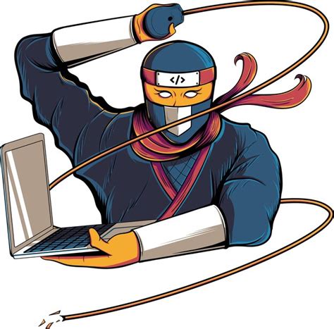Premium Vector Ninja Coding Whipping Mouse And Holding Laptop