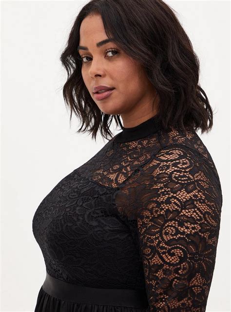 Plus Size Black Lace Mock Neck Skater Midi Dress Torrid