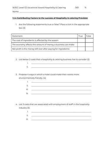 Hospitality And Catering Unit 1 114 Assessment New Spec