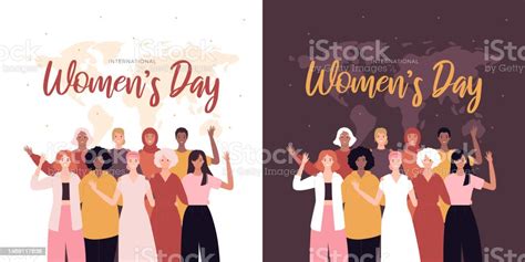 행복한 여성의 날 페미니스트 카드 개념 벡터 플랫 사람 그림 세트입니다 사각형 배너 템플릿입니다 다양한 민족 여성이 세계 지도 배경에 포옹하고 있다 국제 휴일을 위한 디자인