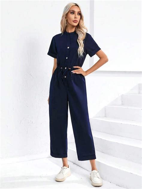 Shein Privé Solid Drawstring Waist Button Front Jumpsuit Shein Usa