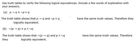 Use Truth Tables To Verify The Following Logical Equivalences Include