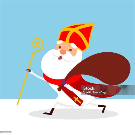귀여운 세인트 니콜라스 는 선물 가방마을로 실행 벡터 일러스트 Sinterklaas에 대한 스톡 벡터 아트 및 기타 이미지