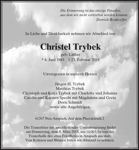 Traueranzeigen Von Christel Trybek Vrm Trauer De