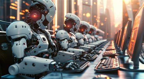 Artificial Intelligence Ai Robots Diligently Work At Computers In A Modern Office Generative Ai