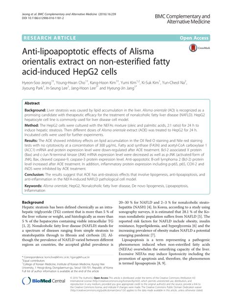 Pdf Anti Lipoapoptotic Effects Of Alisma Orientalis Extract On Non Esterified Fatty Acid