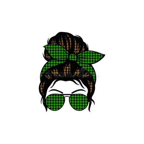 Buffalo Plaid Hairstylist Messy Hair Bun Messy Bun Mom Lifestyle Stock
