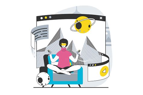 웹을 위한 플랫 디자인에 있는 사람들 장면이 있는 가상 현실 개념 Vr 헤드셋을 착용한 남자가 우주 시뮬레이션을 탐험하고 배우고