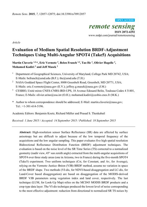 Pdf Evaluation Of Medium Spatial Resolution Brdf Adjustment Techniques Using Multi Angular