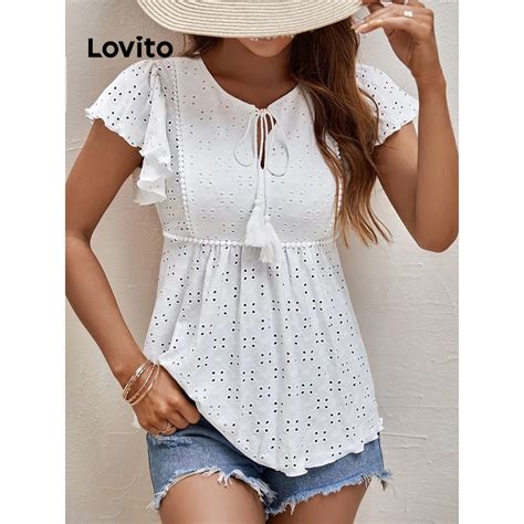 Lovito Casual Blusa Feminina Lisa de Amarrar Babados e Ilhós