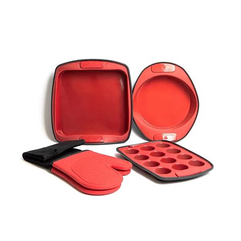Masterclass 4 Piece Silicone Bakeware Set Including Square Bake Pan Loaf Pan Twelve Hole Pan