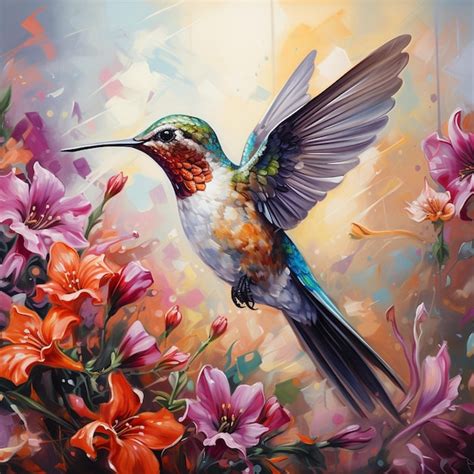 Premium Photo Painting Of A Hummingbird Flying Over A Flower Filled
