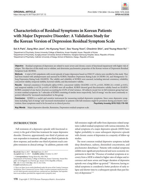 Pdf Characteristics Of Residual Symptoms In Korean Patients With Major Depressive Disorder A