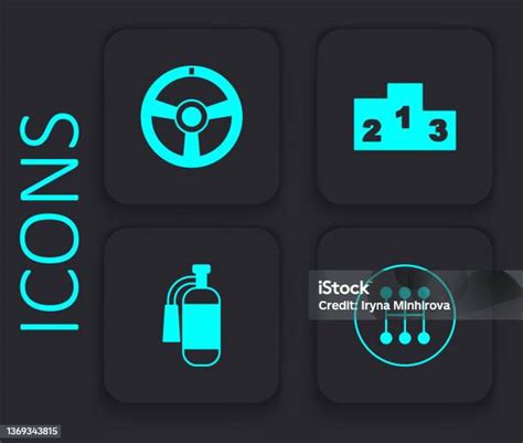 세트 기어 시프터 레이싱 스티어링 휠 스포츠 우승자 포디움 과 소화기 아이콘을 통해 상 검은 색 사각형 버튼 벡터 개념에 대한 스톡 벡터 아트 및 기타 이미지 Istock