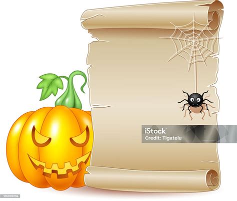 Halloween Scroll Banner With Scary Pumpkin And Spider Stock