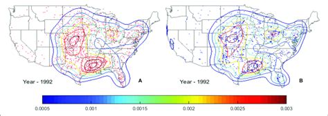 Probability Density Contours Of Tornado Spawn Locations For A