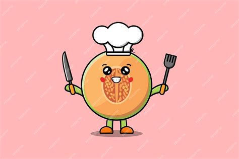 평평한 만화 스타일 삽화에서 나이프와 포크를 들고 있는 귀여운 만화 멜론 셰프 캐릭터 프리미엄 벡터