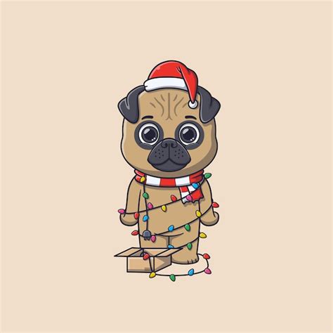 Słodki Mops Zaplątany W świąteczne Lampki Wektor Premium