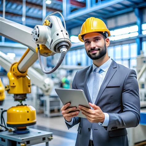 automation engineer uses tablet for programming robotic arm in factory