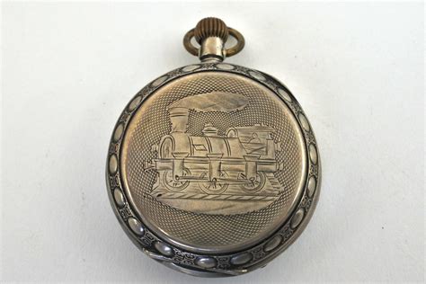 Orologio Da Tasca In Argento Con Incisione Di Locomotiva A Vapore