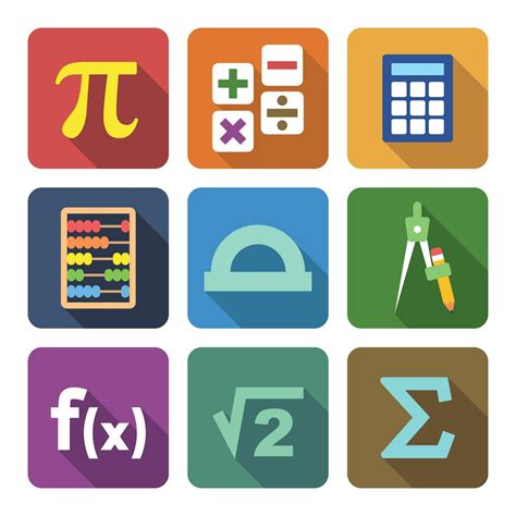 Vector Set Of Math Icons Flat Style With Long Shadow Pi Number Operations Calculator Abacus