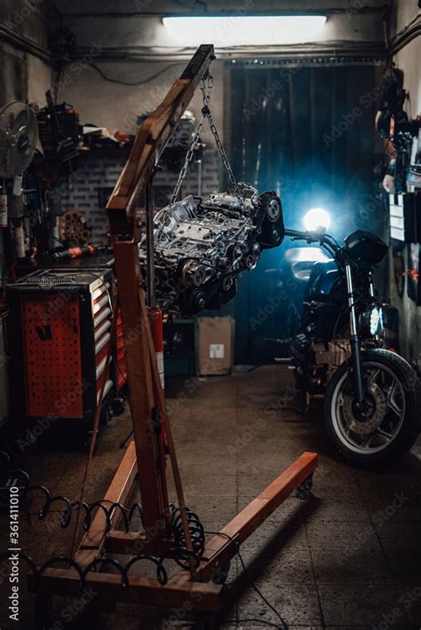 Suspended Boxer Engine Naked Sportbike Tools In Dark Garage Or