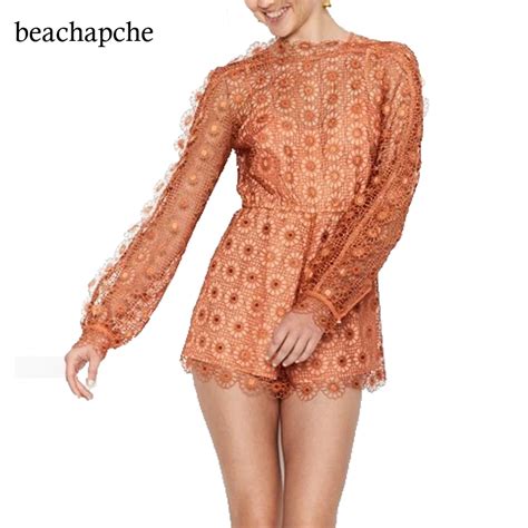 Lace Jumpsuits For Women 2018 New Long Sleeve See Through Jumper Short
